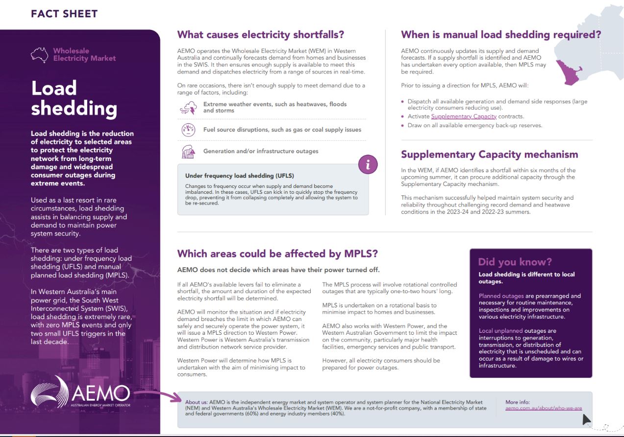 AEMO | Fact sheet: Wholesale Electricity Market Load Shedding